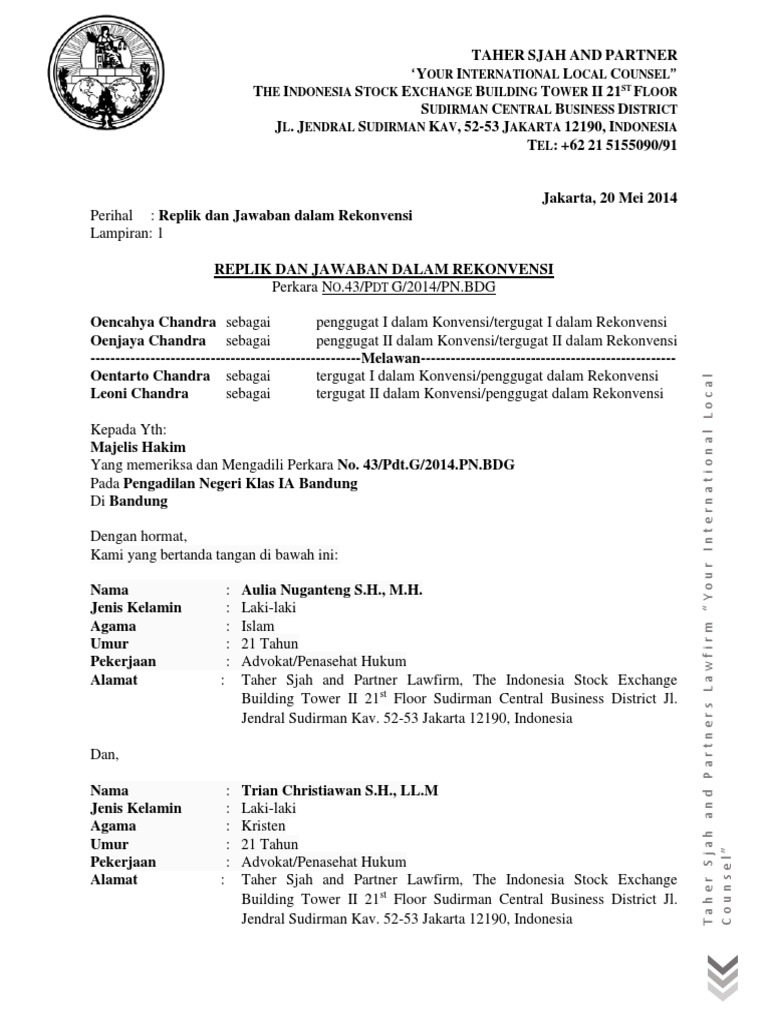 Contoh Surat Replik Dan Jawaban Dalam Re | PDF