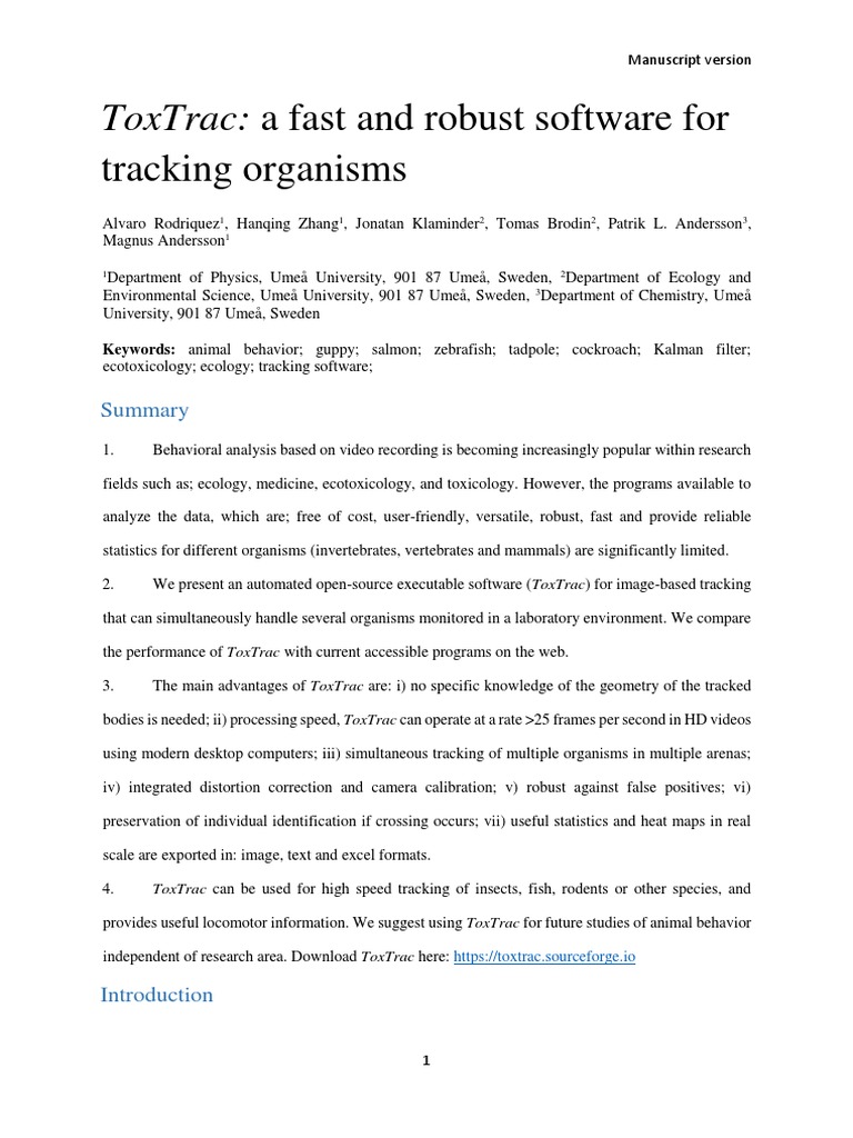 Tracking Organisms: Toxtrac: A Fast and Robust Software For | PDF ...