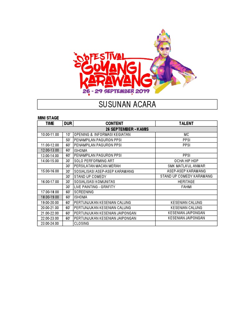 Susunan Acara: Mini Stage Time DUR Content Talent 26 September - Kamis ...