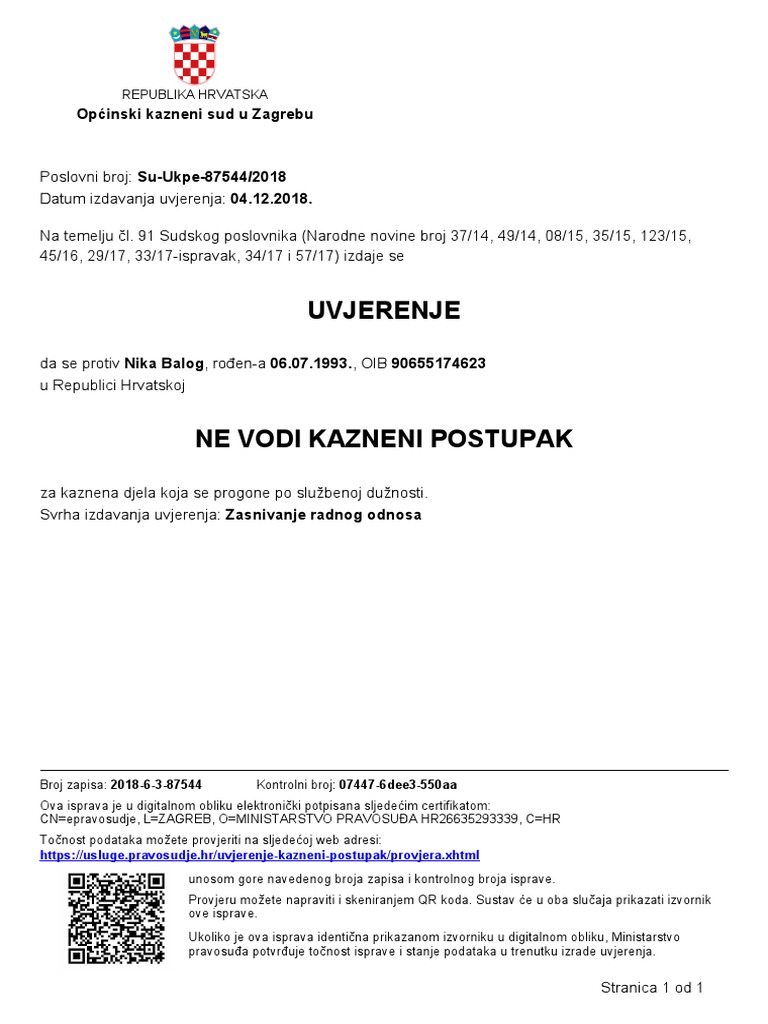 Uvjerenje o Nekažnjavanju | PDF