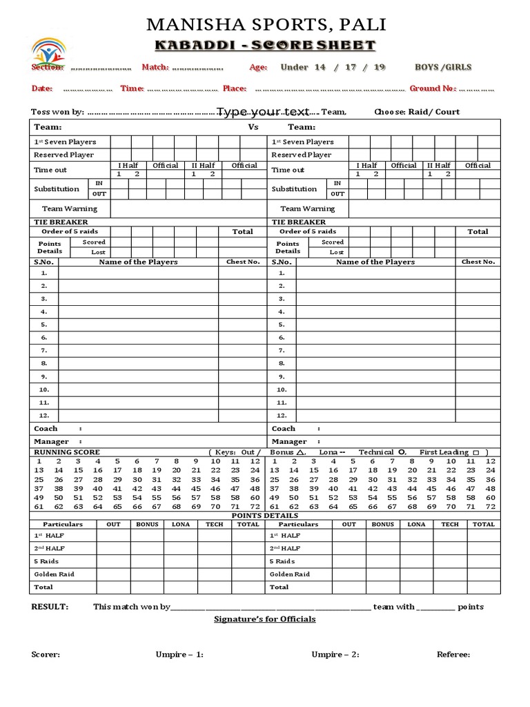Kabaddi Score Sheet | PDF | Team Sports | Sports