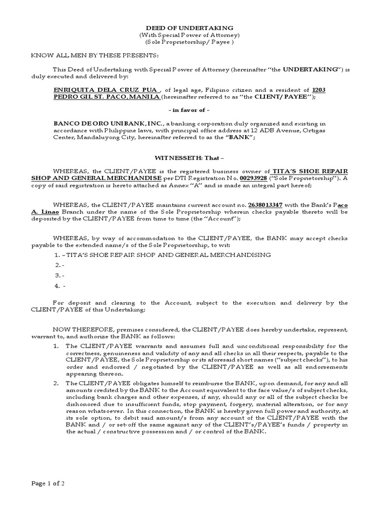 Deed of Undertaking for Sole Proprietorship Account | PDF | Cheque | Payments