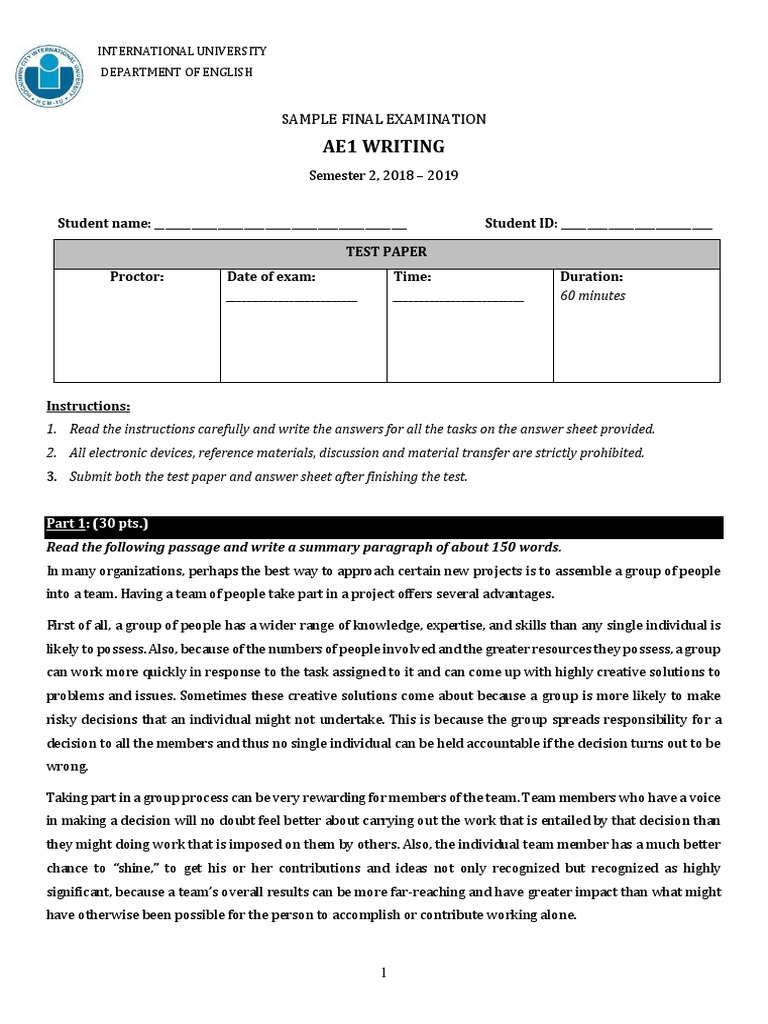 AE1 Writing Final Exam Instructions | PDF | Test (Assessment) | Essays