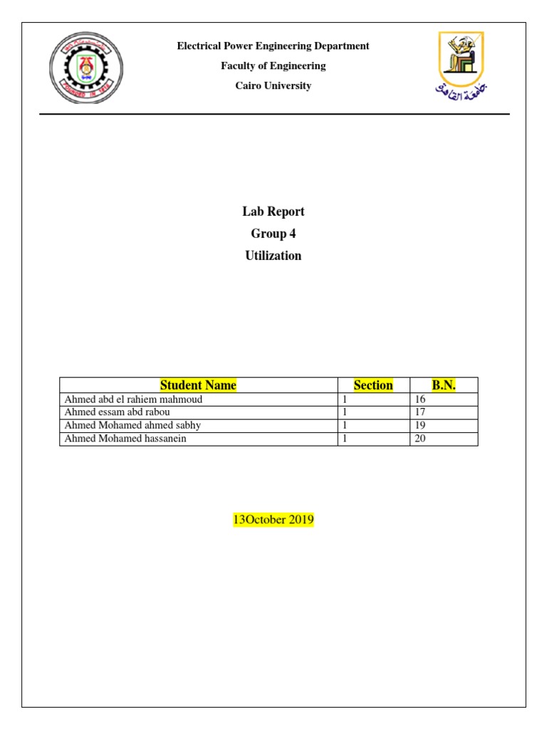 Lab Report Group 4 Utilization: Electrical Power Engineering Department ...
