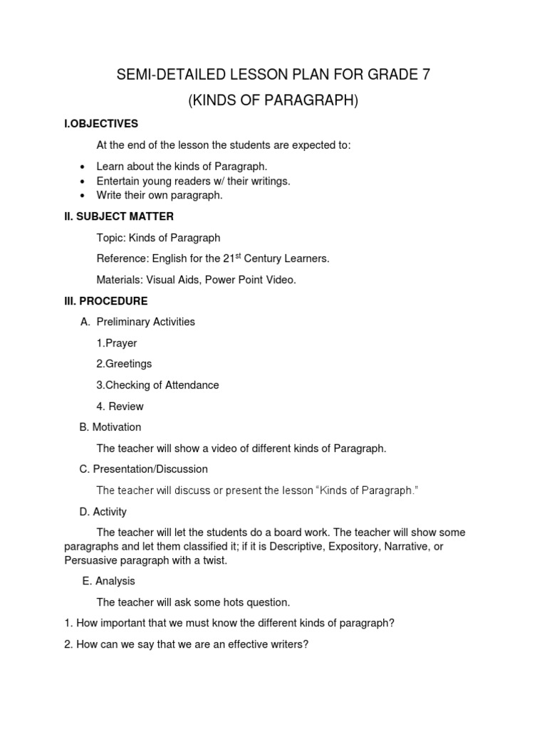 Lesson Plan: Kinds of Paragraphs for 7th Grade | PDF | Language Arts ...