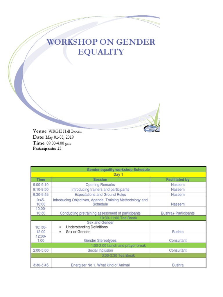 Workshop On Gender Equality: Venue Date: Time | PDF | Gender | Gender ...