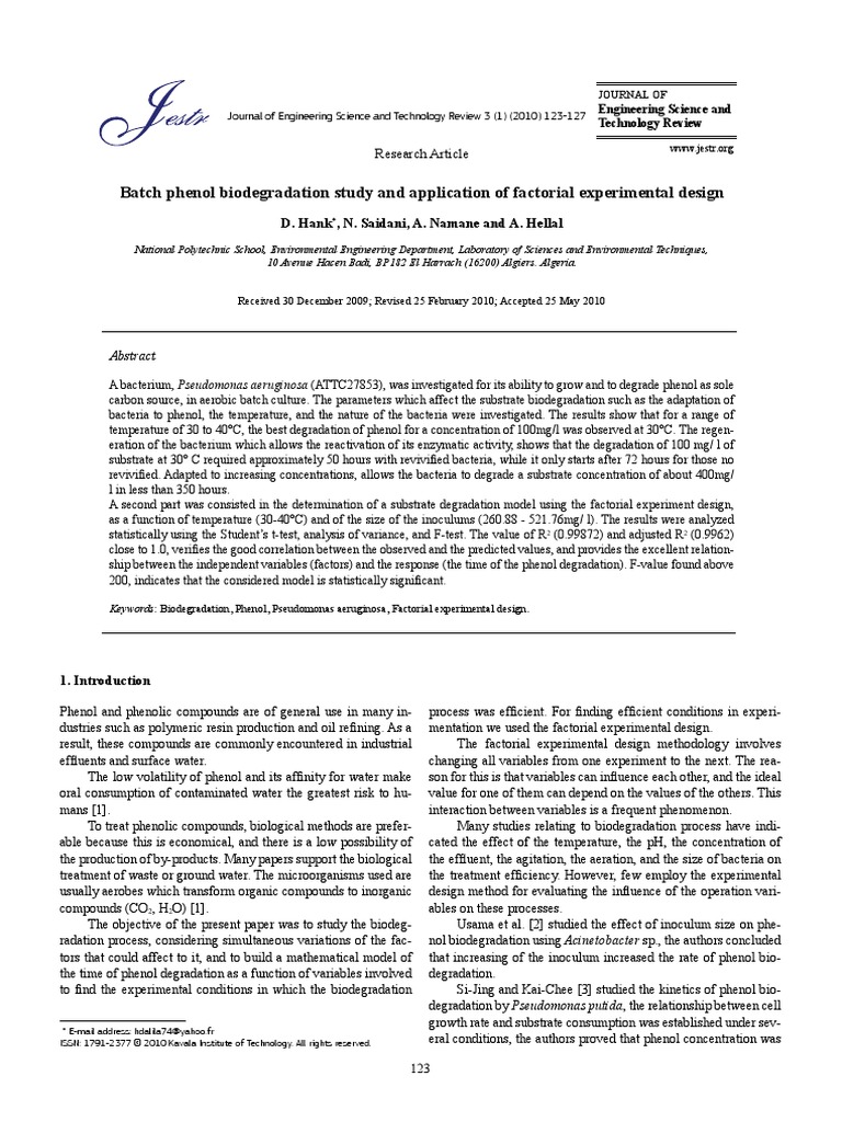 Batch Phenol Biodegradation Study and Application of Factorial Experimental Design | PDF ...
