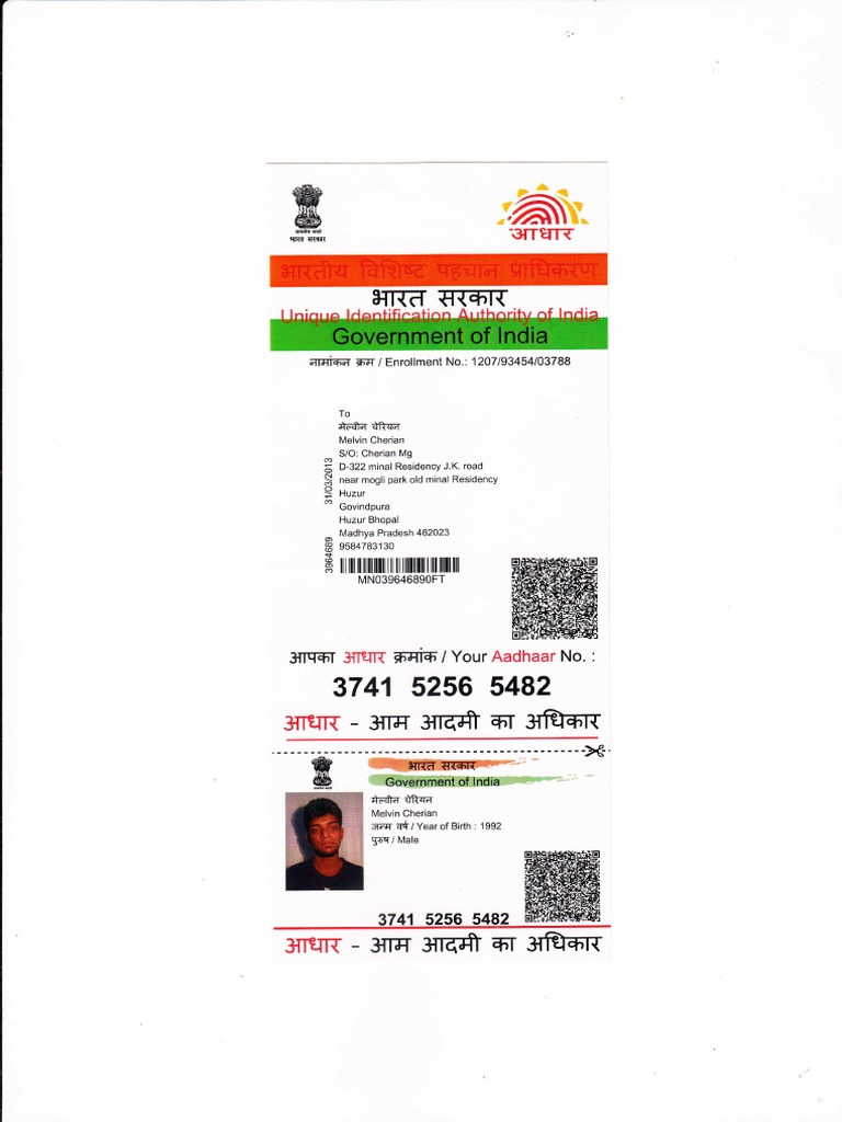 An Aadhaar enrollment document providing personal details and ...