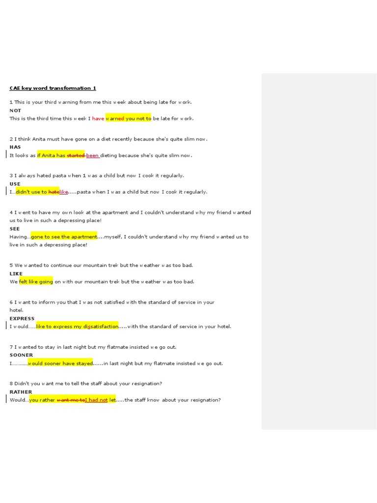 CAE Sentence Transformations 1 | PDF