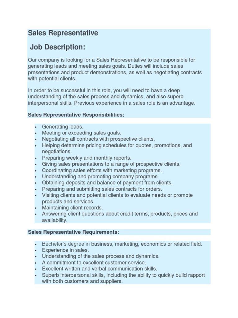 Sales Representative Job Opening in Indore | PDF