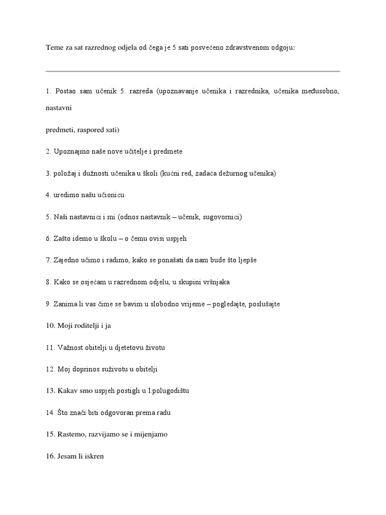Teme Za Sat Razrednika I Zdravstvenog Odgoja | PDF