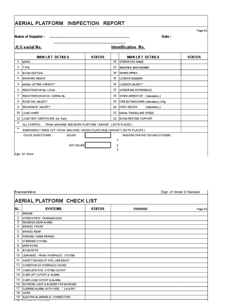 Aerial Platform Inspection Report: JLG Serial No. Identification No ...