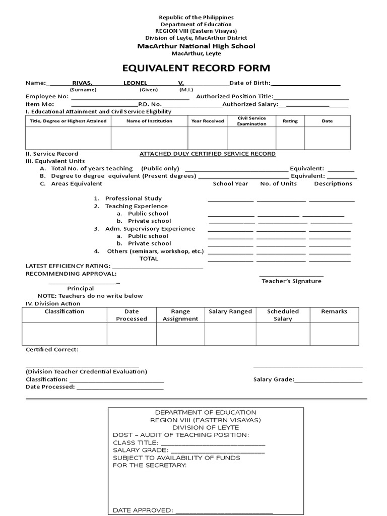 Equivalent Record Form: Macarthur National High School | PDF | Teachers ...