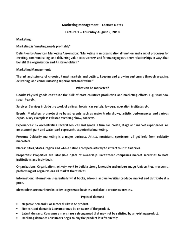 Marketing Management - Lecture Notes Lecture 1 - Thursday August 9 ...