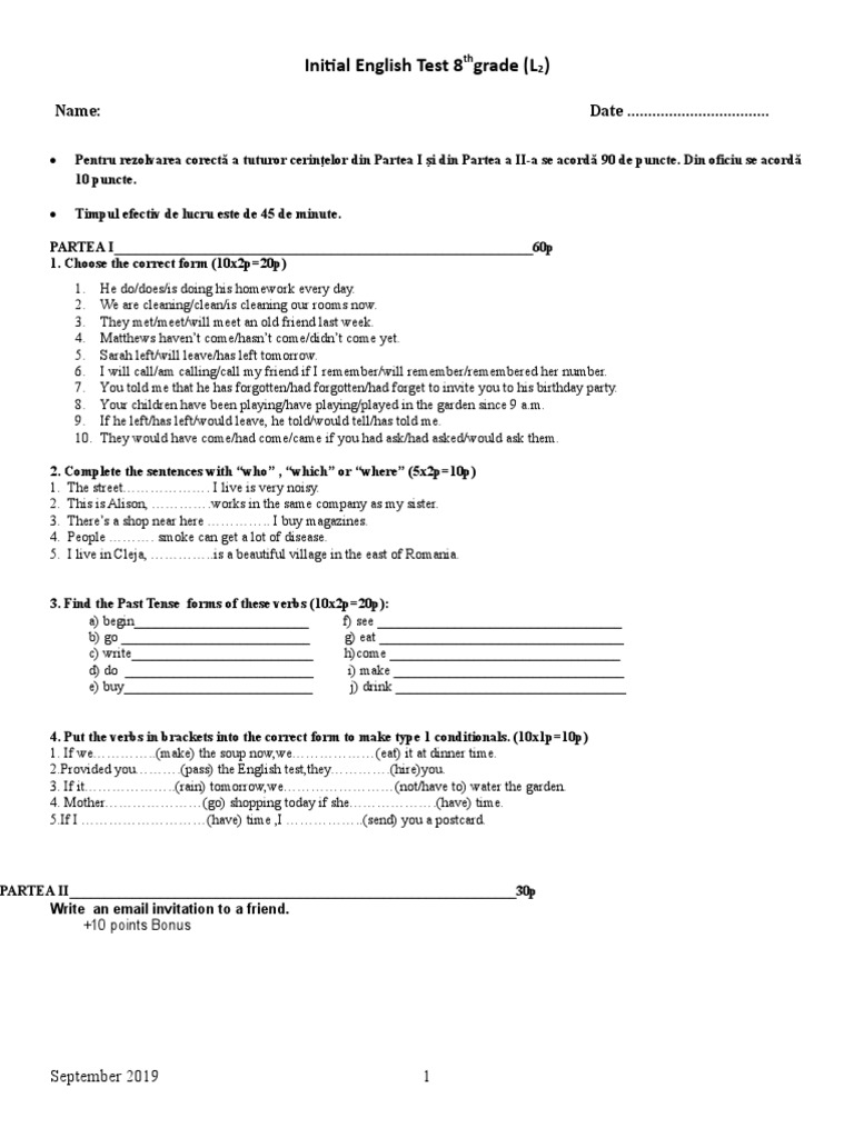 Initial English Test 8 Grade (L) : Name: Date ...