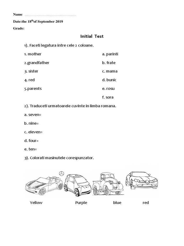 Initial Test: Name: Date:the 18 of September 2019 Grade | PDF