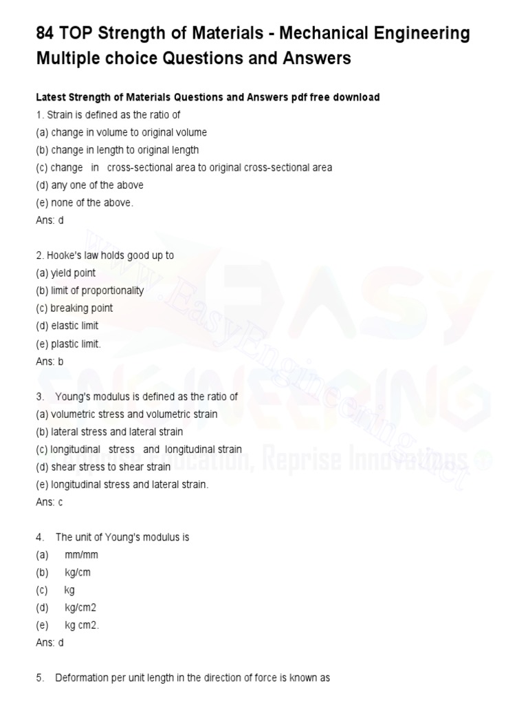 Strength of Material MCQ | PDF | Deformation (Engineering) | Young's ...