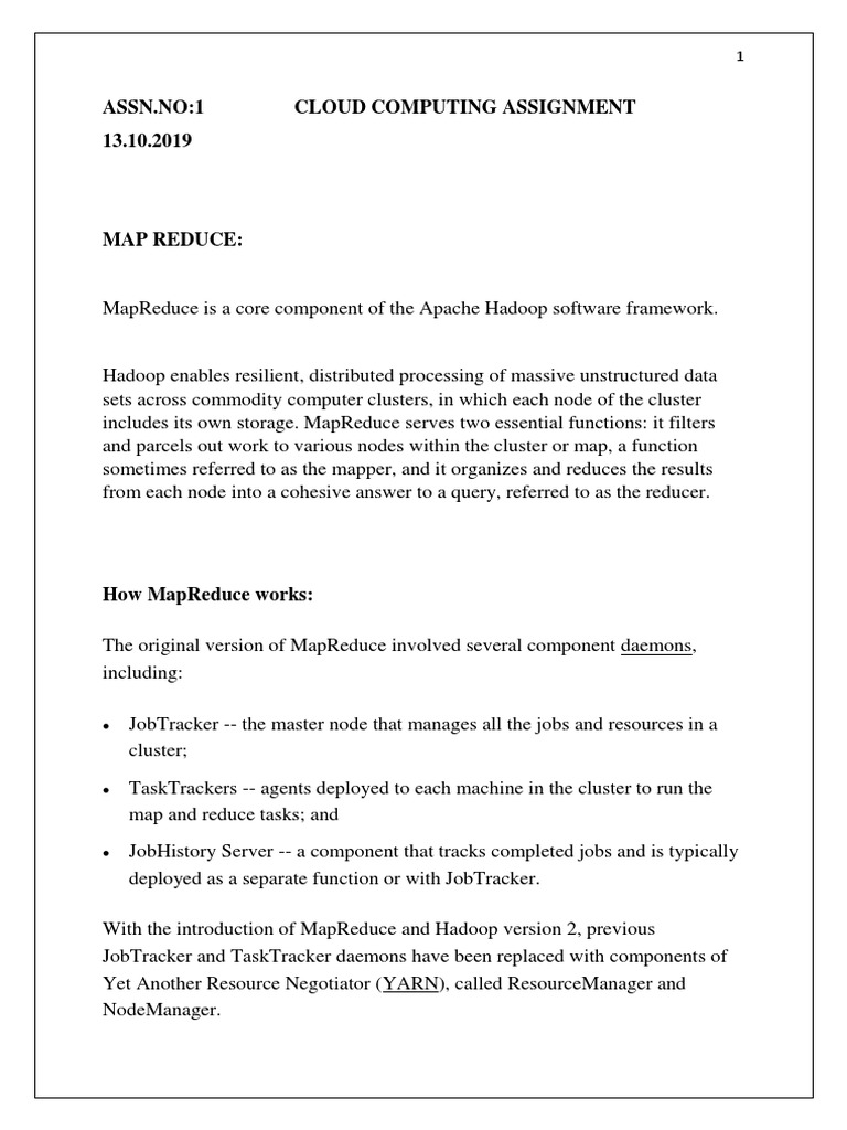 Assn - No:1 Cloud Computing Assignment 13.10.2019 | PDF | Apache Hadoop | Map Reduce