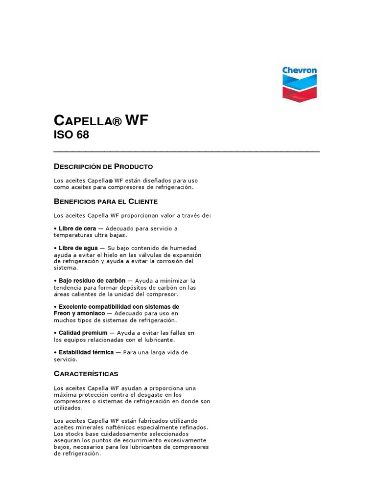 Ficha Tecnica Capella WF 68 PDF | PDF | Lubricante | Refrigeración
