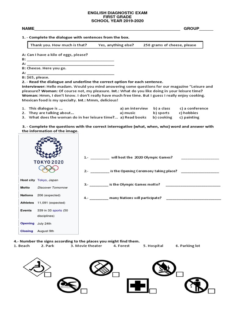 English Diagnostic Exam First Grade SCHOOL YEAR 2019-2020 NAME - GROUP ...