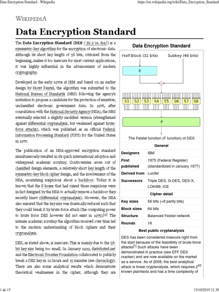 Data Encryption Standard - Wikipedia | PDF | Cryptography | Cryptanalysis