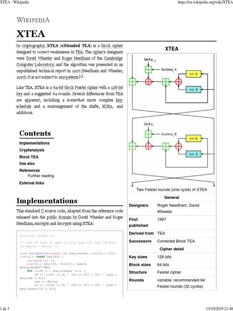 XTEA Cipher - Wikipedia | PDF | Espionage Techniques | Security Engineering
