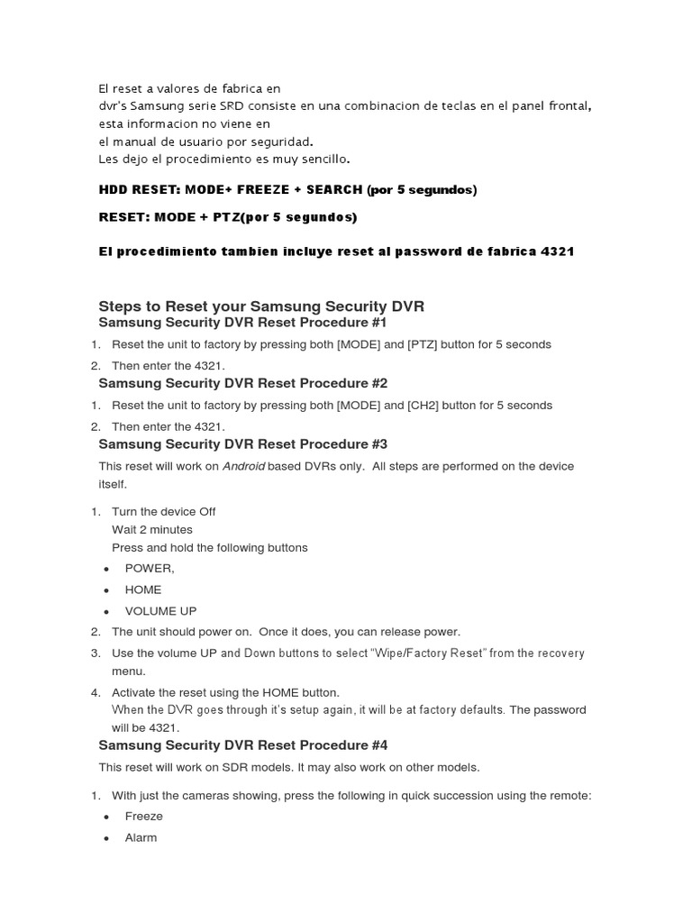 Samsung DVR Factory Reset Guide | PDF | Computers