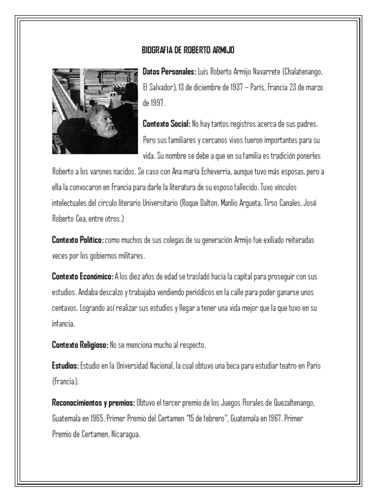 Biografía de Roberto Armijo, poeta salvadoreño | PDF | Poesía | Narrativa