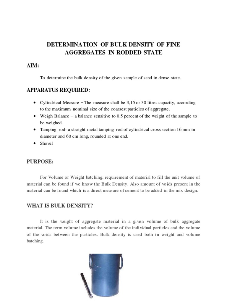 Determination of Bulk Density of Fine Aggregates in Rodded State | PDF ...