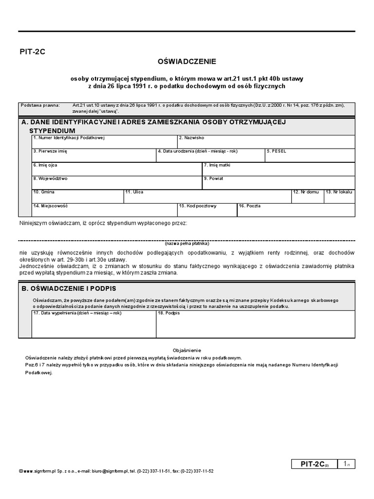 PIT-2C - Oswiadczenie Osoby Otrzymujacej Stypendium 1 | PDF