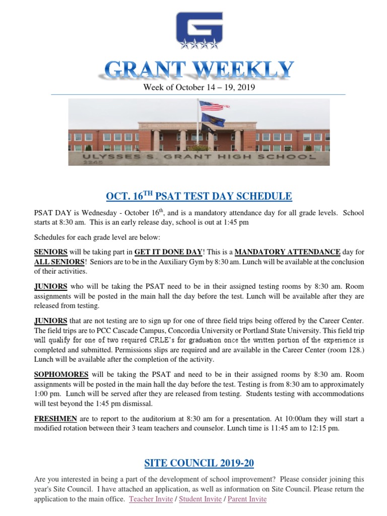 OCT. 16 Psat Test Day Schedule: Week of October 14 - 19, 2019 | PDF