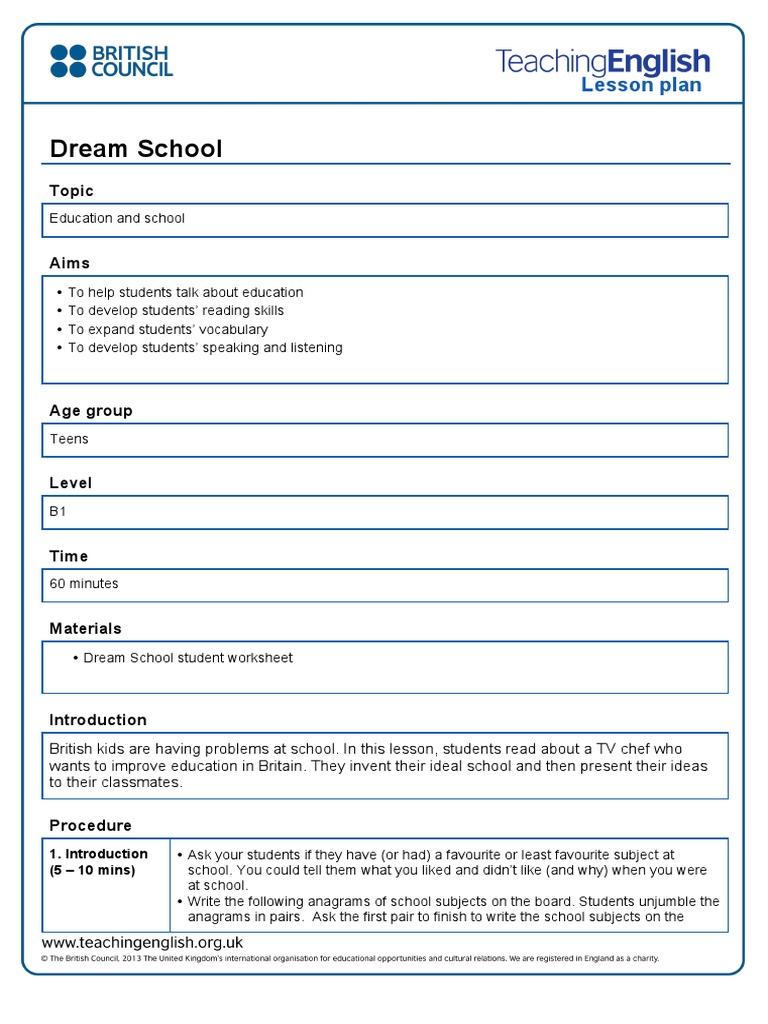 Dream School Lesson Plan | PDF | Lesson Plan | Behavior Modification