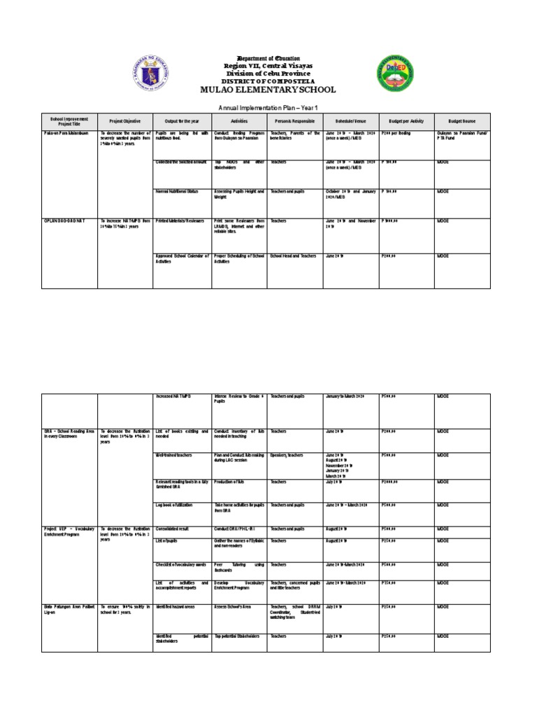 Mulao Elementary School: Annual Implementation Plan - Year 1 | PDF ...