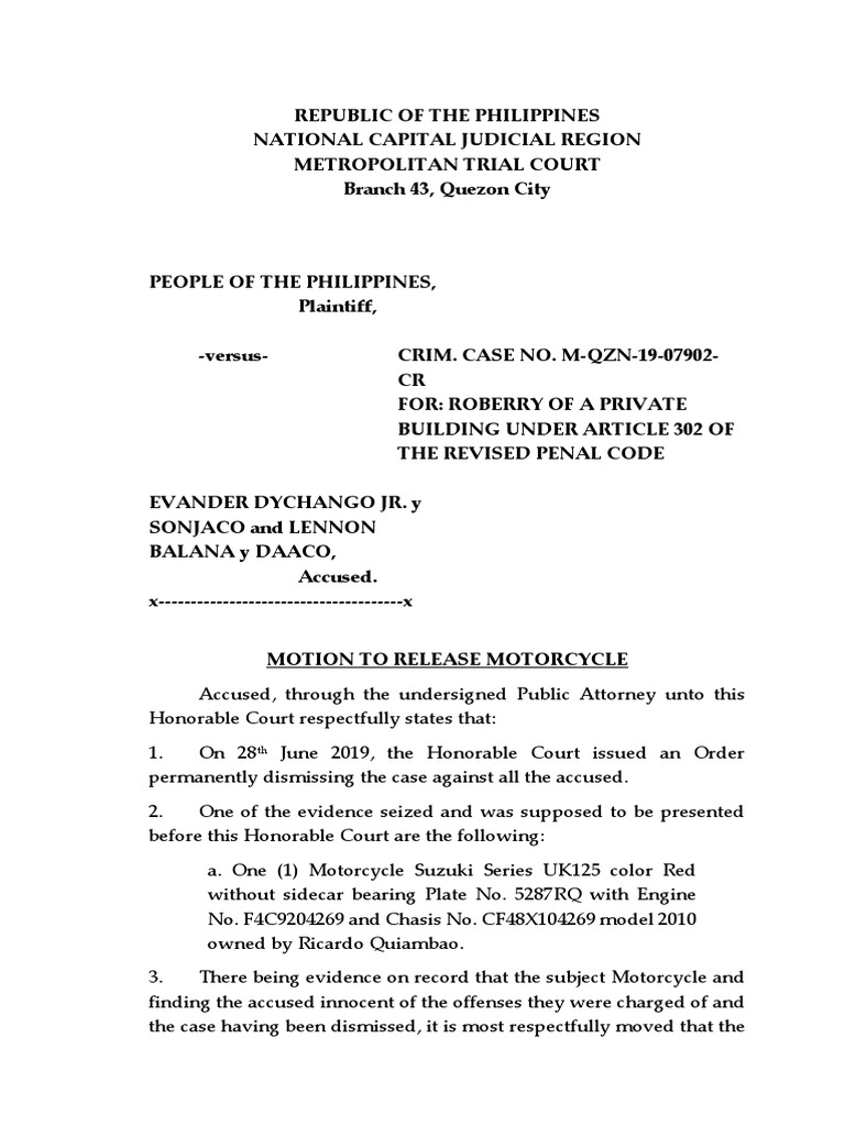 Motion To Release Motorcycle | PDF