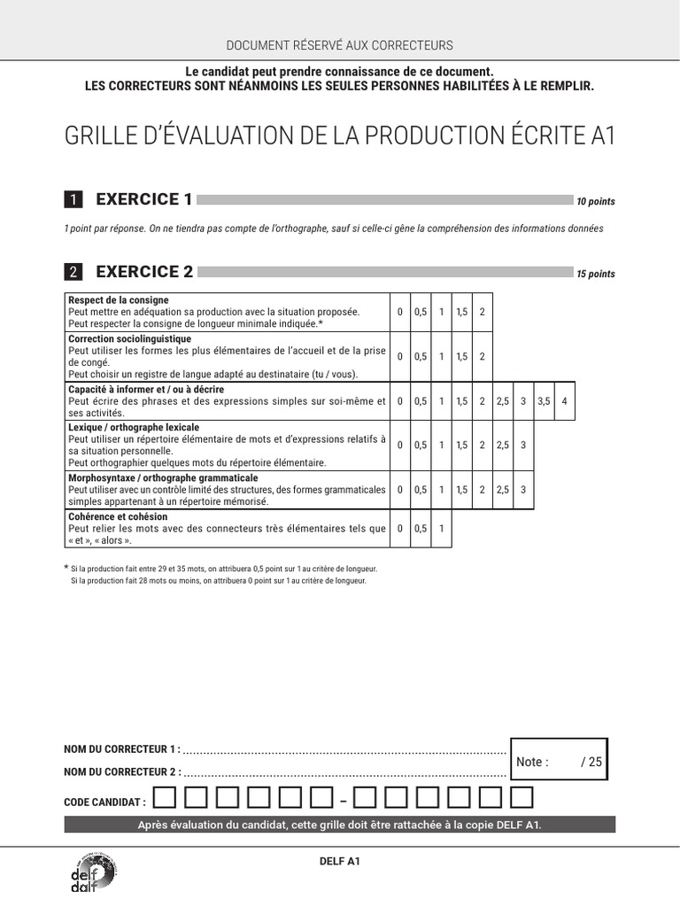 Grille Evaluation Production Ecrite Delf a1 Tp 2 | Linguistique ...