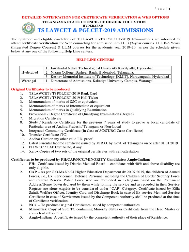 TS LAWCET 2019 Certificate Verification Guide | PDF | Academic Degree ...