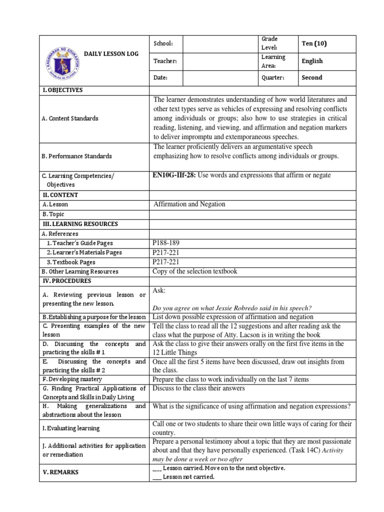 Daily Lesson Log Ten (10) English Second I. Objectives: En10G-Iif-28 ...