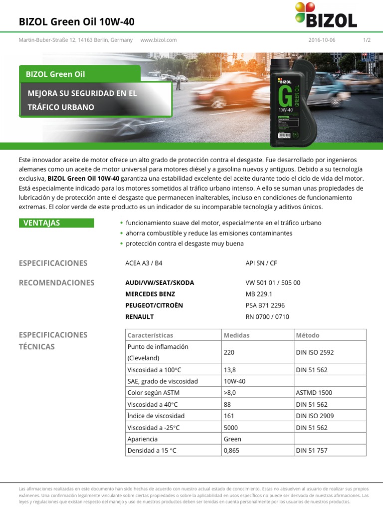 Aceite BIZOL Green 10W-40: Protección Óptima | PDF | Aceite de motor ...