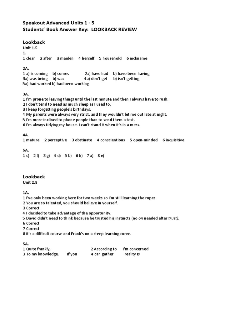 Speakout Adv A Key Units 1 5 Lookback Review | PDF