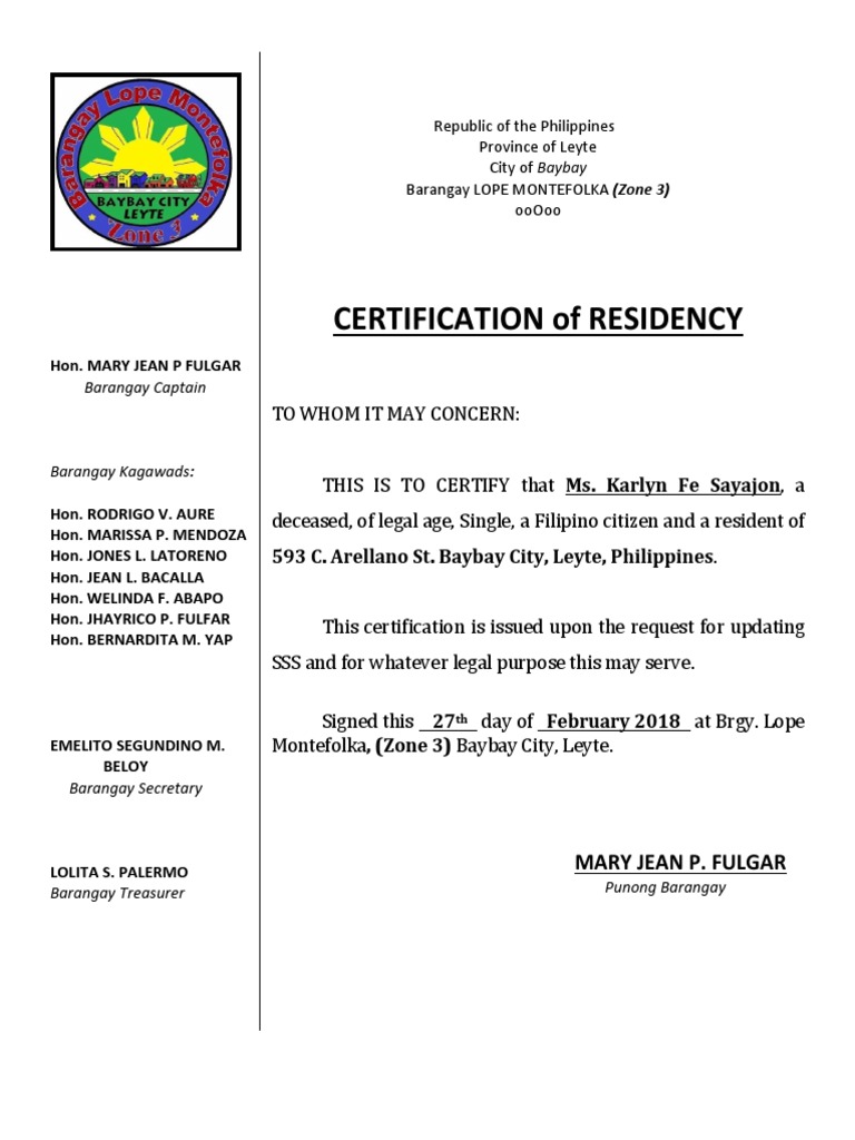 Certification of Residency: 593 C. Arellano St. Baybay City, Leyte ...