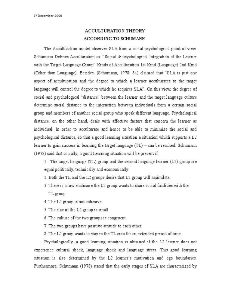 Acculturation Theory According To: Schumann | PDF | Second Language Acquisition | Second Language