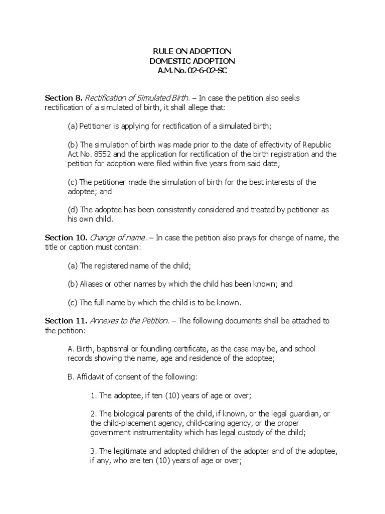 Rule On Adoption Domestic Adoption A.M. No. 02-6-02-SC Section 8 | PDF ...