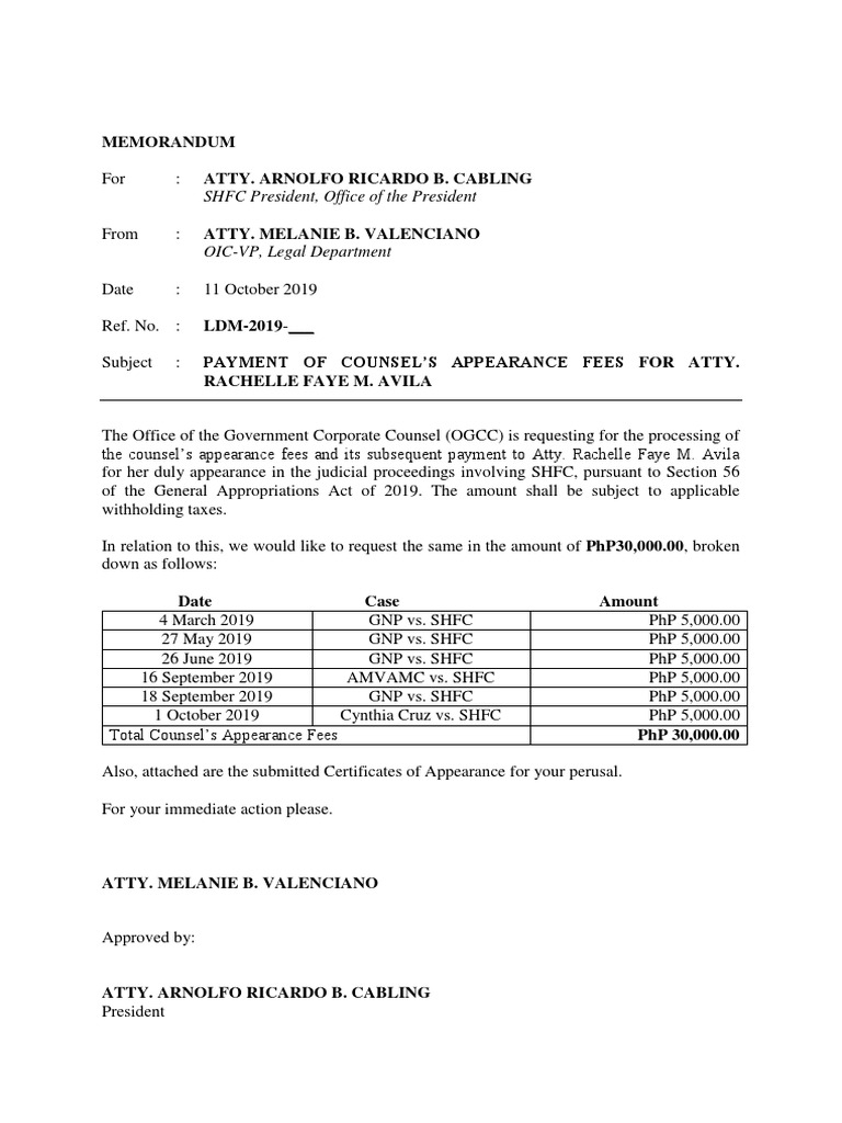 Request For Payment of Counsel's Appearance Fees | PDF | Finance ...