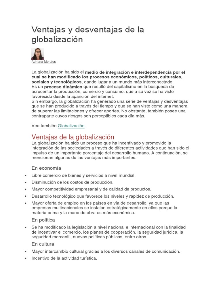 Ventajas y Desventajas de La Globalizacion | PDF | Globalización | Comercio
