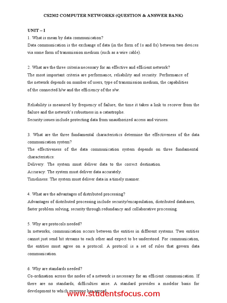 Cs2302 Computer Networks (Question & Answer Bank) | PDF | Network Topology | Computer Network