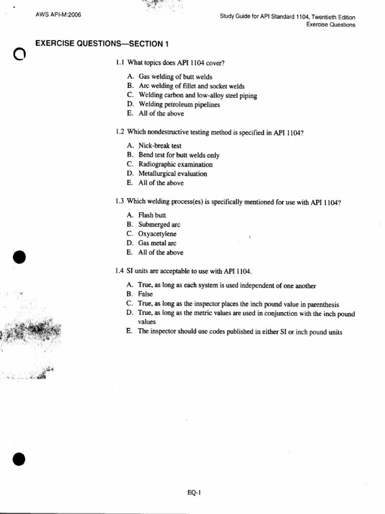 AWS API-M:2006 Study Guide For API Standard 1104, Twentieth Edition Exercise Ouestions | PDF ...