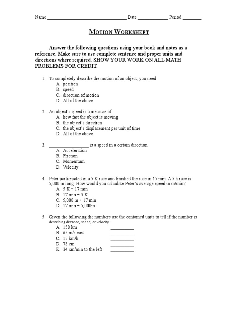 Motion Worksheet | PDF | Velocity | Speed