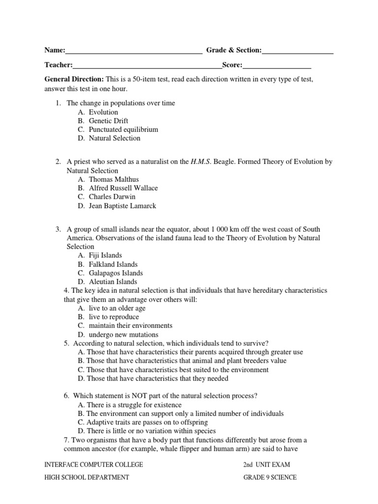 Interface Computer College 2Nd Unit Exam High School Department Grade 9 ...