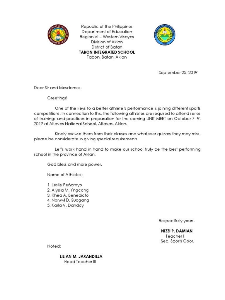 Athletes Excuse Letter For Practice | PDF