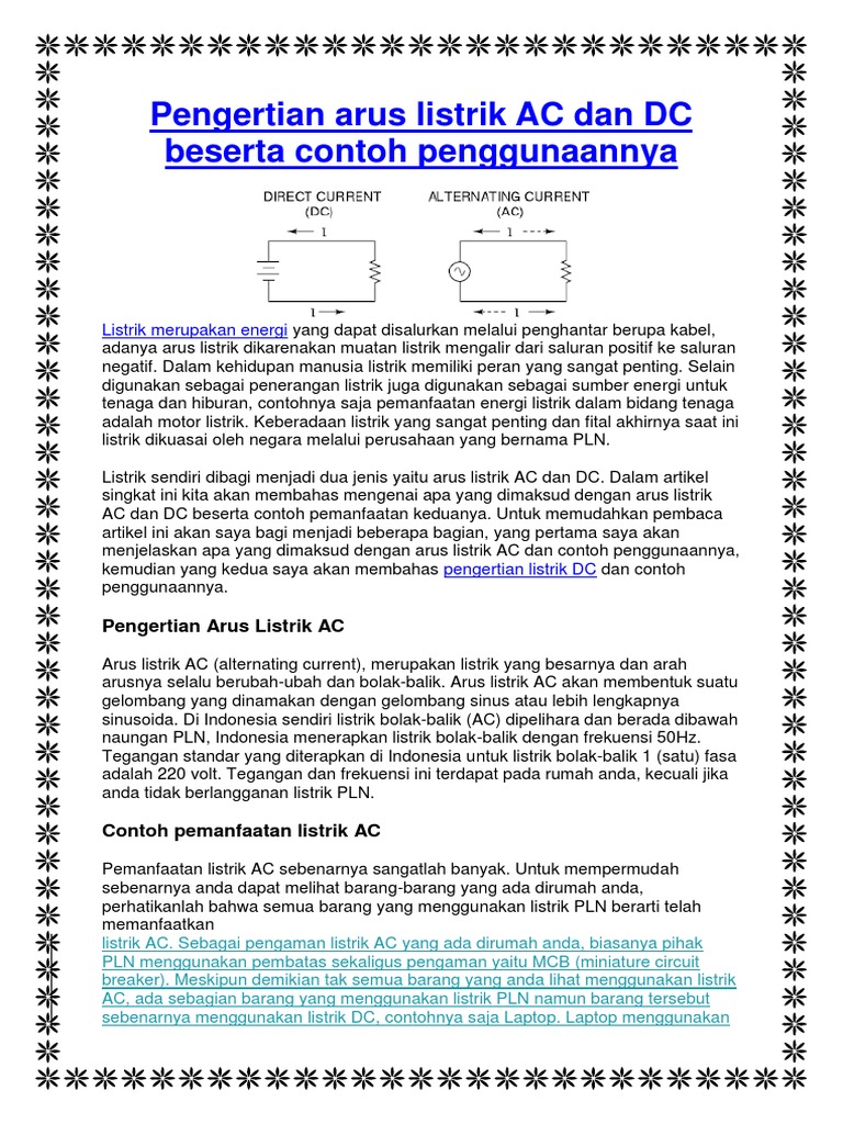 PENGERTIAN ARUS LISTRIK AC DAN DC BESERTA CONTOH PENGGUNAANNYA | PDF